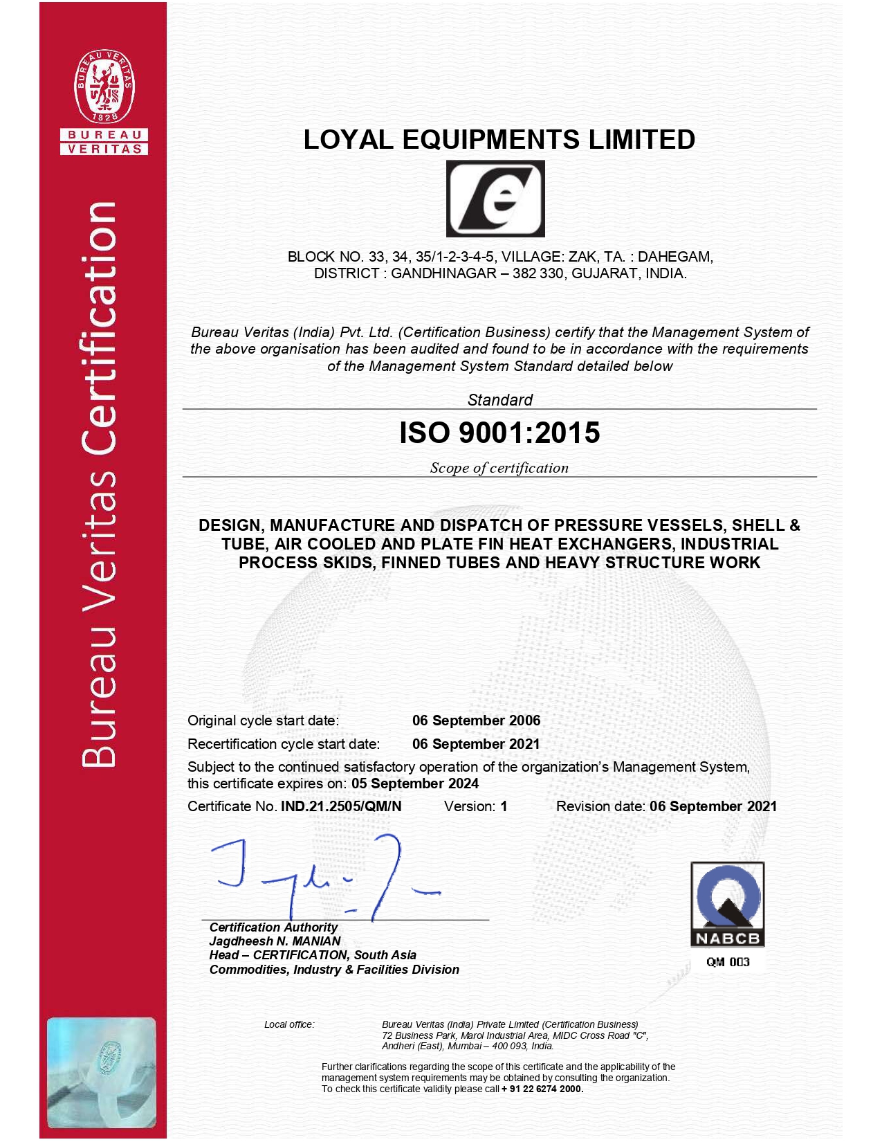 Certifications – L0YAL equipments limited.