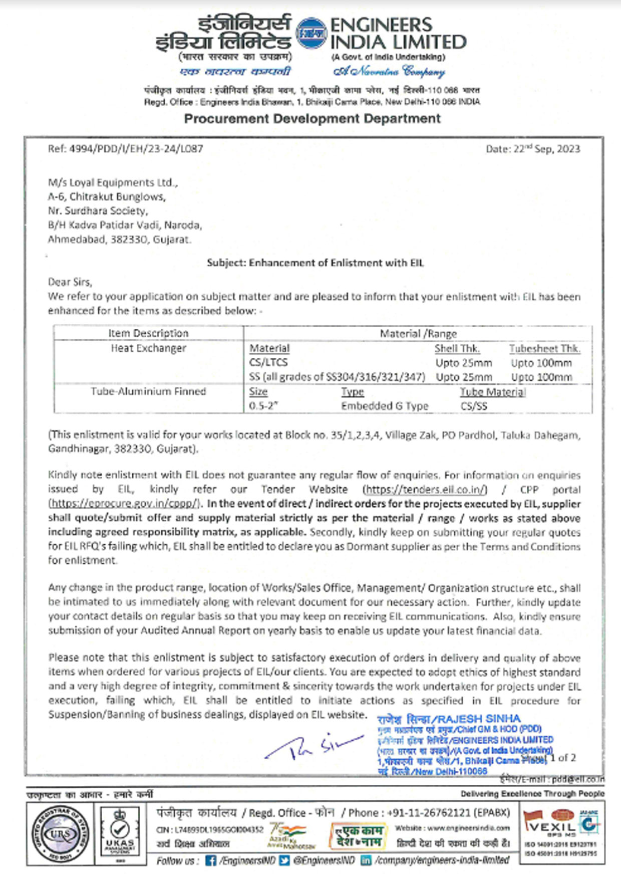 Certifications – L0YAL equipments limited.