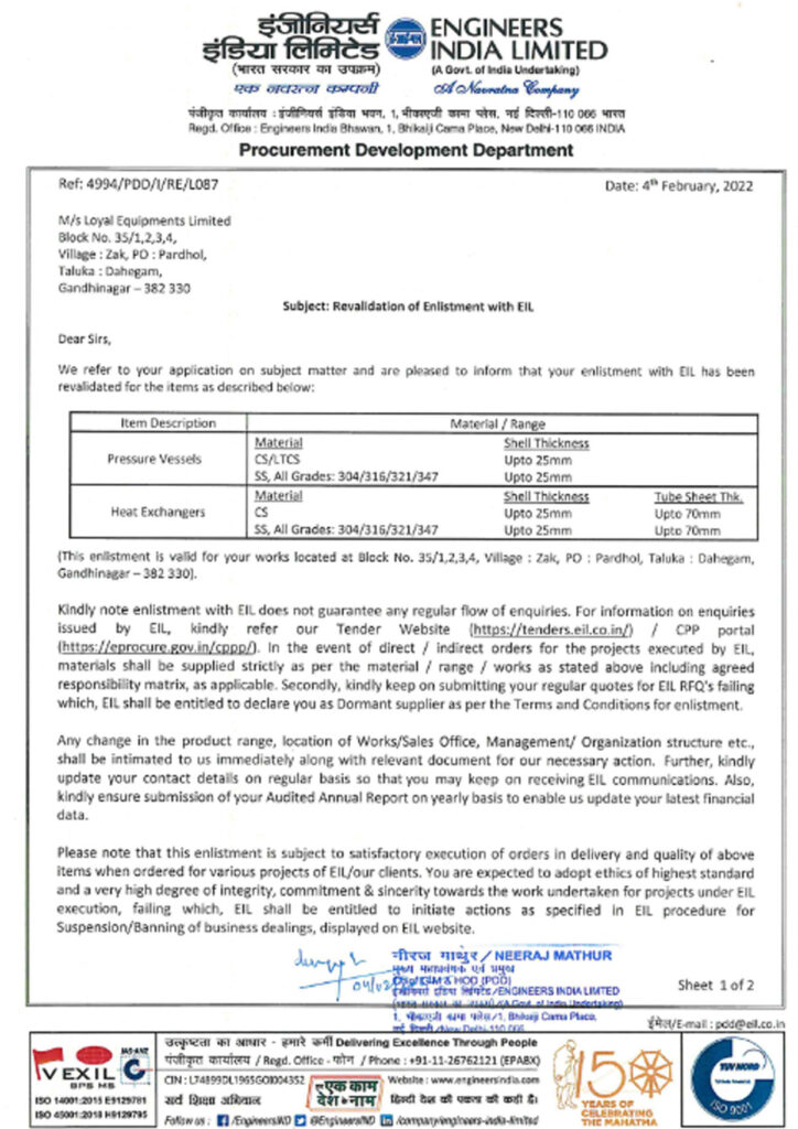Certifications – L0YAL equipments limited.